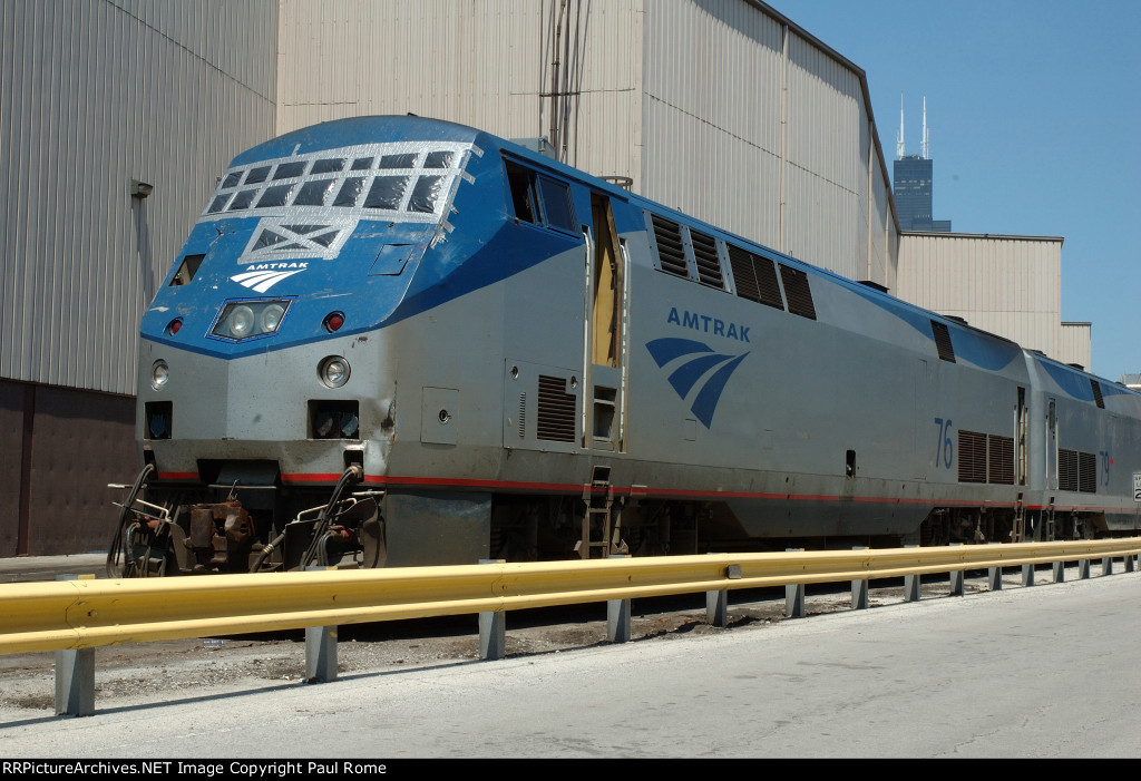AMTK 76, GE P42DC, front nose accident damage, at Amtrak's Lumber Street shop